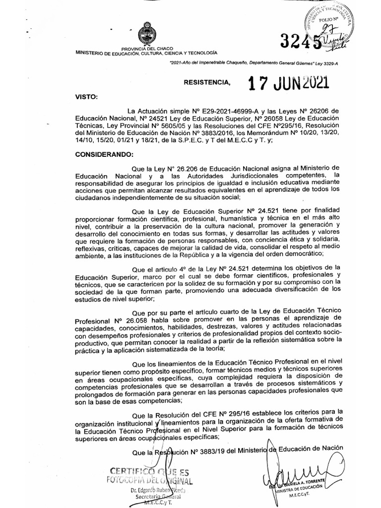 Resolución N°3245-21 Implementación Tecnicaturas-20210622141330 | PDF