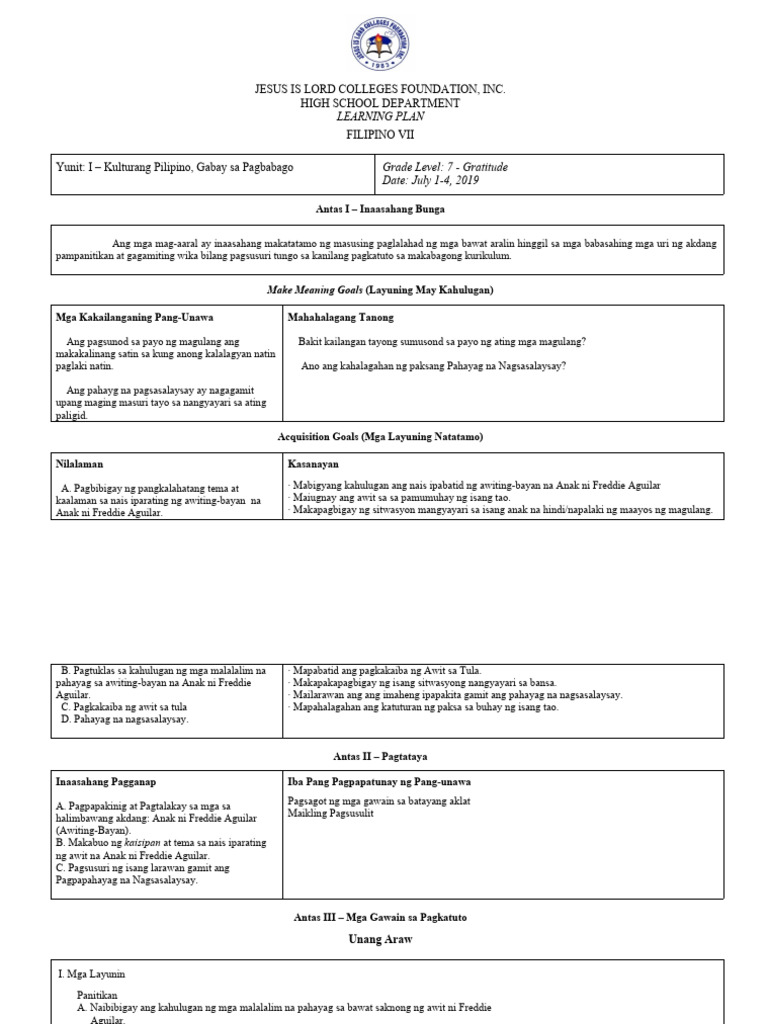 Learning Plan Grade 7 (Week 1) | PDF