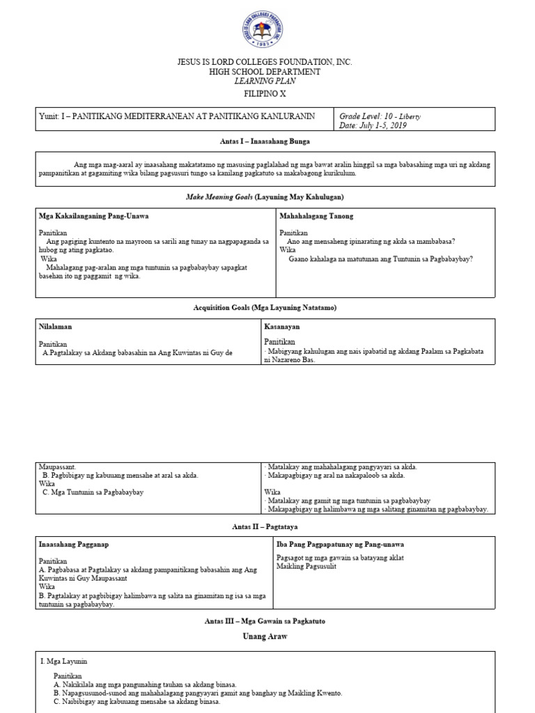 Learning Plan Grade 10 (Week 1) | PDF