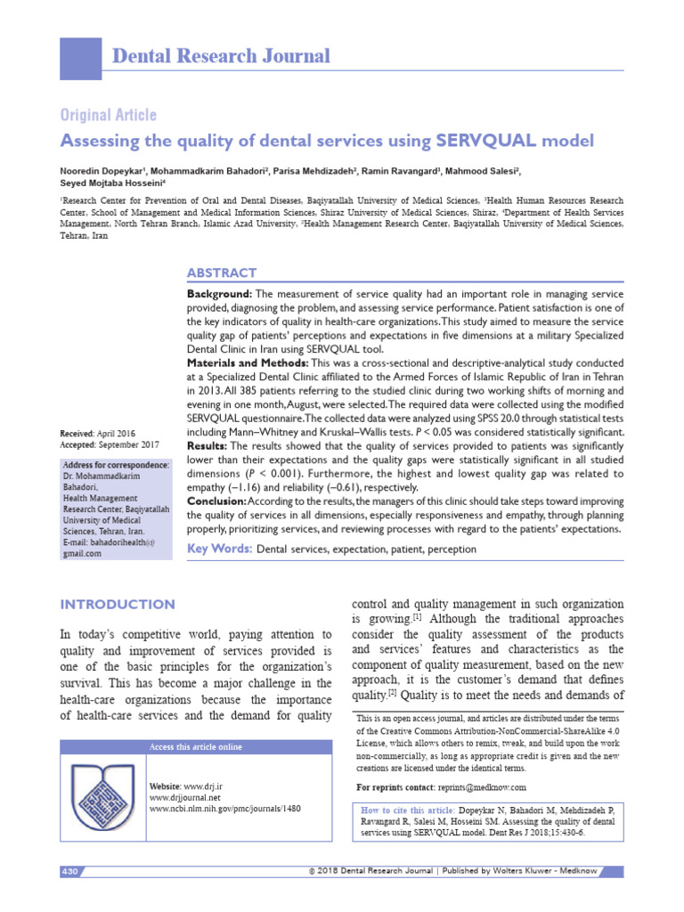 Assessing The Quality of Dental Services Using SERVQUAL Model | PDF | Health Care | Medicine