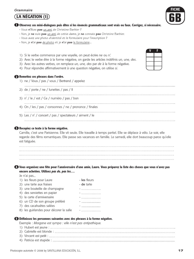 Ejercicios de Negación en Francés | PDF