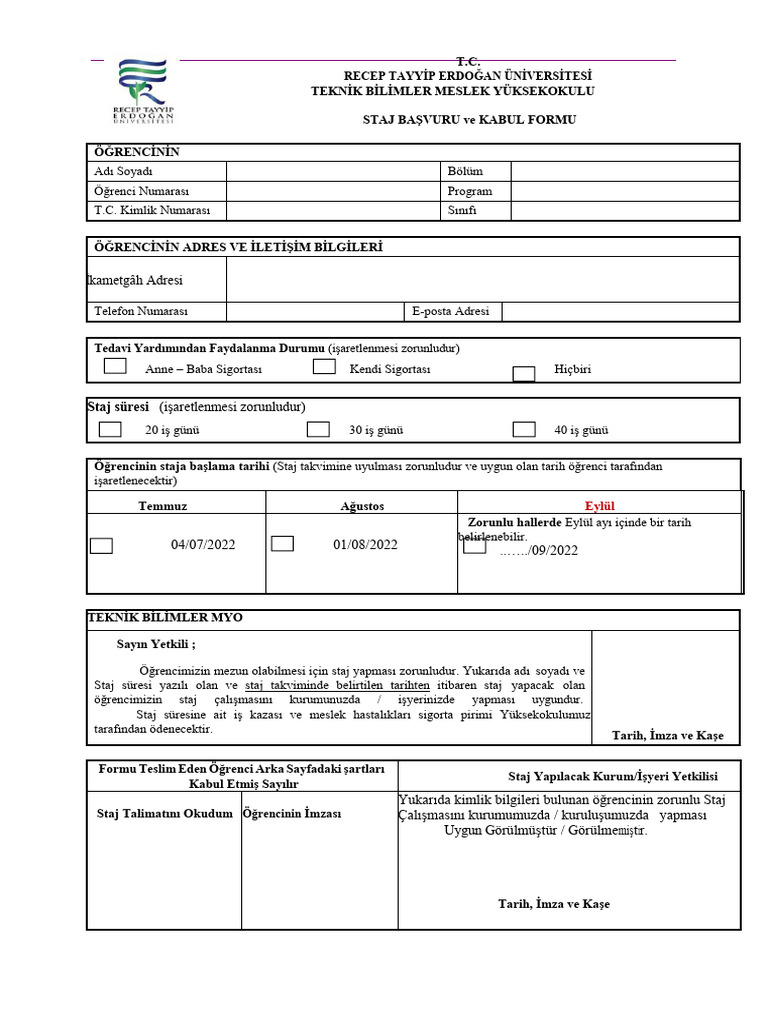 Staj Başvuru Ve Kabul Formu 2022 | PDF