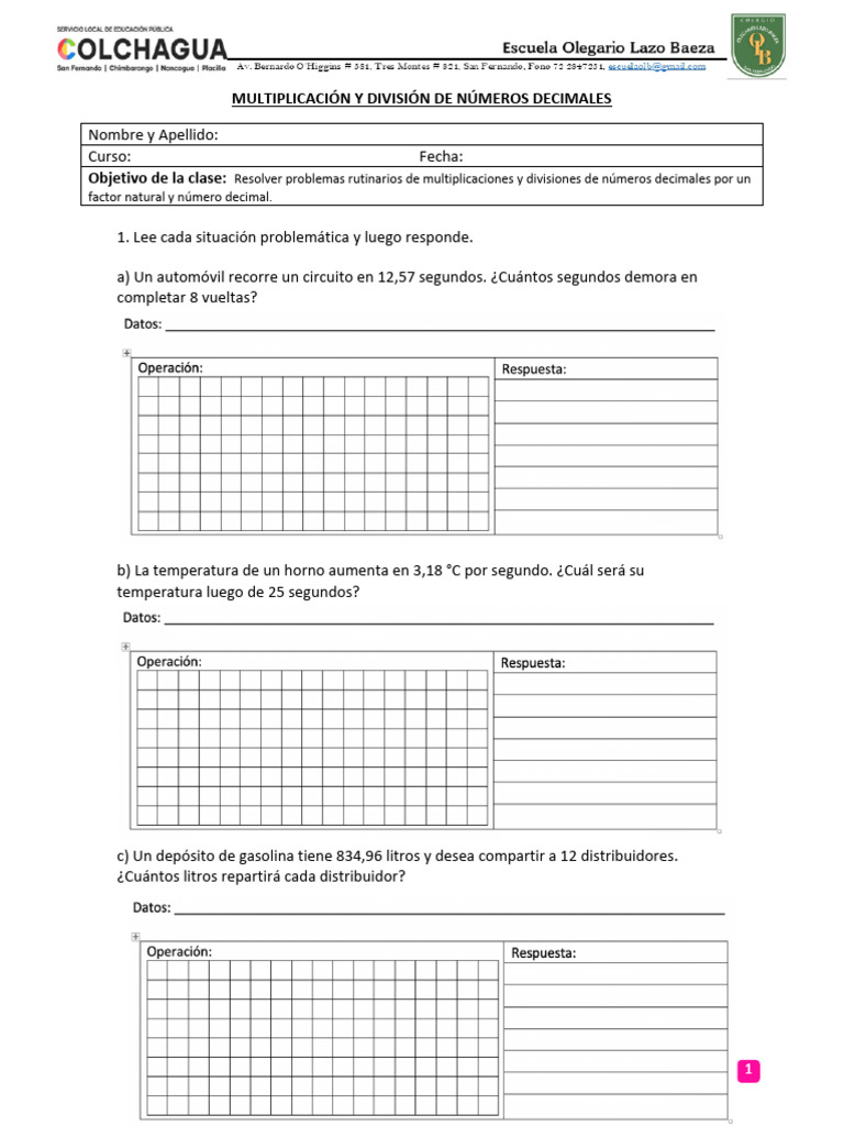 Problemas Multiplicación y División de Decimales. | PDF