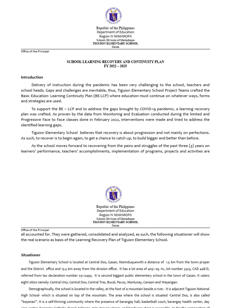 School Learning Recovery and Continuity Plan 2023 Tiguiones | Download ...