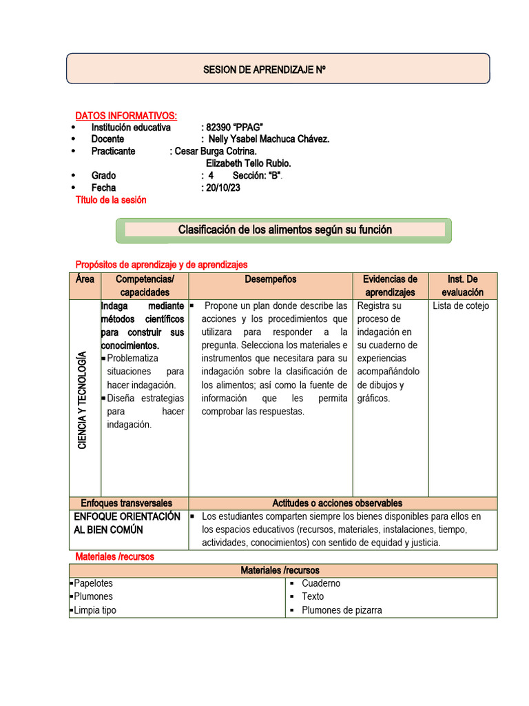 SESION de La Clasificacion de Los Alimentos | PDF | Alimentos | Aprendizaje