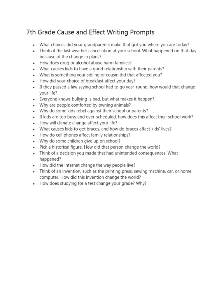 7th Grade Cause and Effect Prompts | PDF | Wellness | Lifestyle
