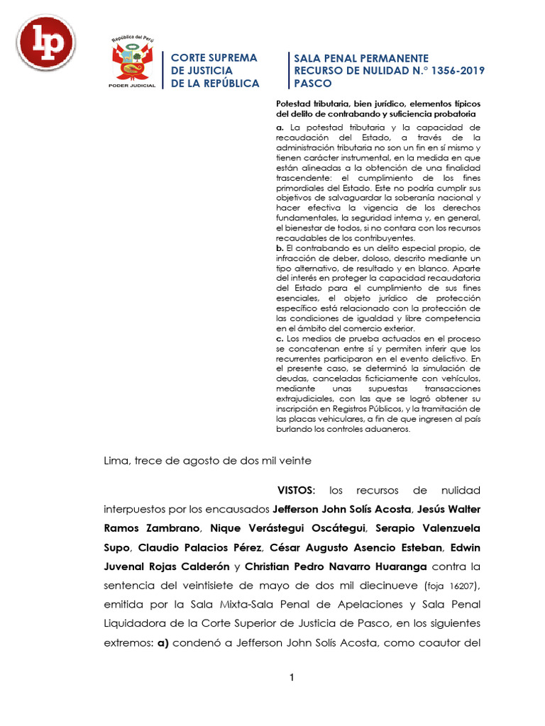 Recurso Nulidad 1356 2019 Pasco LPDerecho | PDF | Fiscal | Sentencia (ley)
