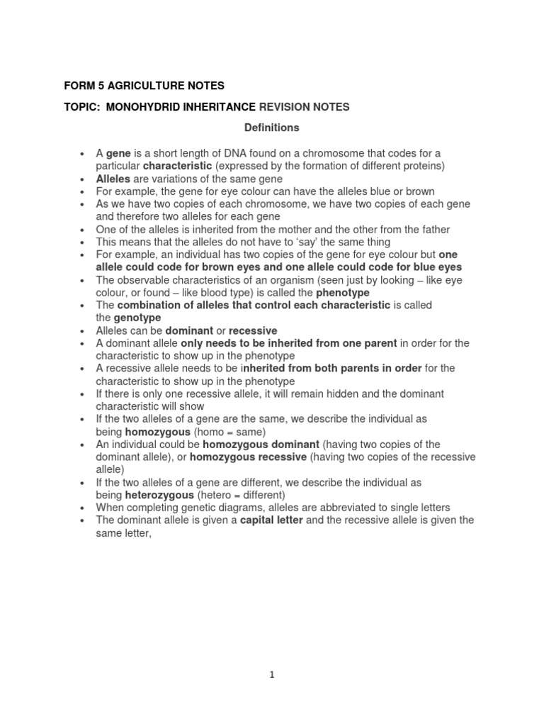 Form 5 Agriculture Notes On Monohybrid Inheritance 2020 | PDF ...