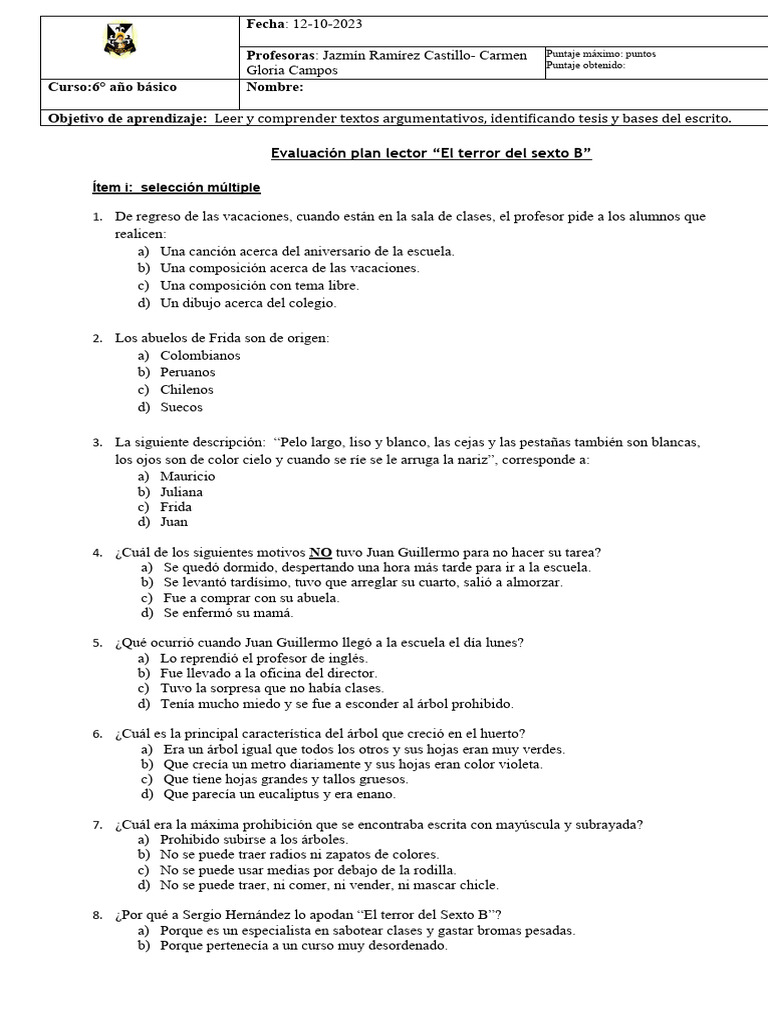 Prueba 6° Plan Lector | PDF