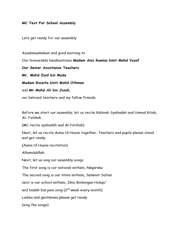 School Assembly MC Script | PDF | Career & Growth | Language Arts ...