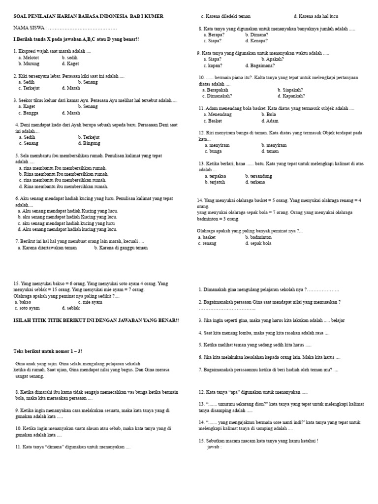 Soal Latihan Bahasa Indonesia Kelas 2 Kumer | PDF