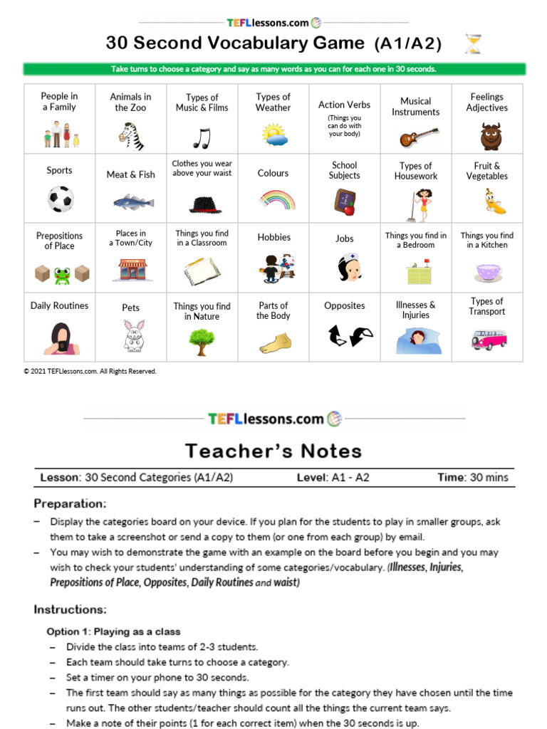 Vocab Game A1 A2 Online Teacher | PDF | Languages | Foreign Language ...
