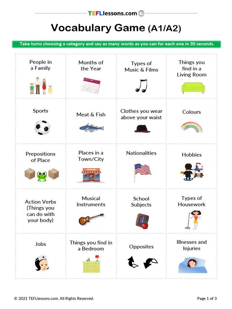 Vocab Game A1 A2 Student | PDF