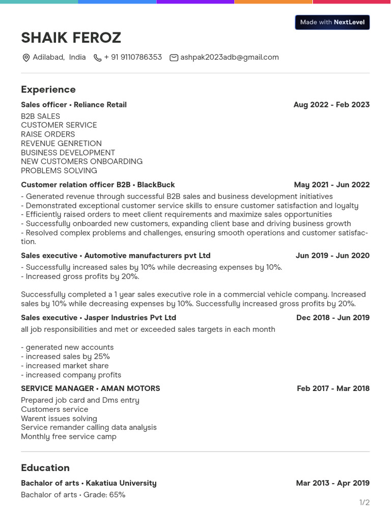 Shaik Feroz Nextlevel Resume | PDF | Sales | Revenue