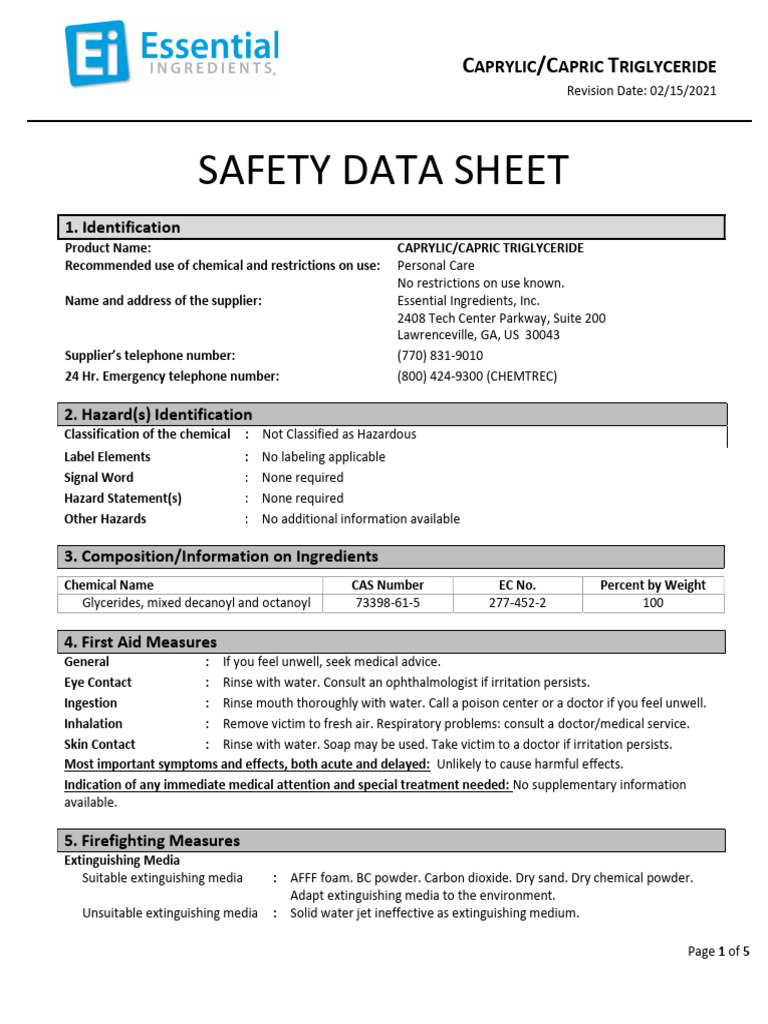 Caprylic Capric Triglyceride CCT Msds | Download Free PDF | Fires ...