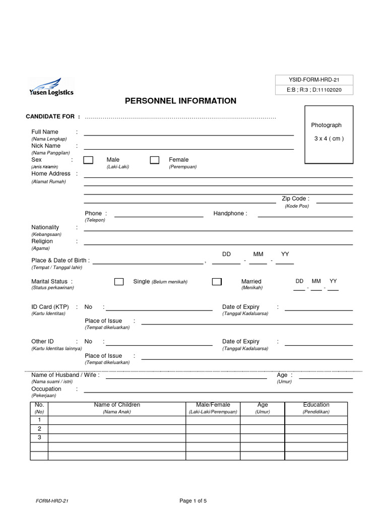 YSID-FORM-HRD-21 Personnel Information Rev. 03 | PDF