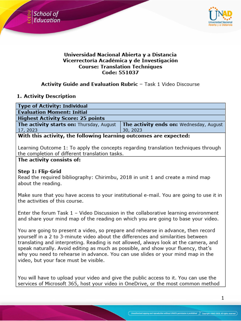 Activity Guide And Evaluation Rubric Unit 1 Task 1 Video Discourse Pdf