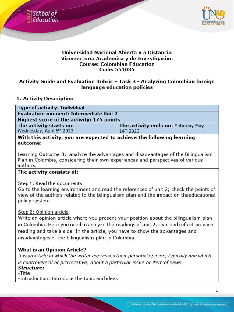 Activity Guide and Evaluation Rubric - Unit 2 - Task 3 - Analyzing Colombian Foreign Language ...