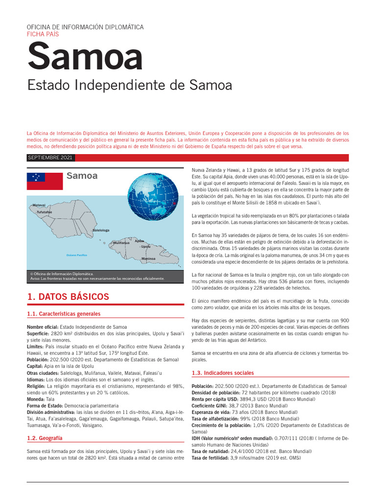 Ficha País: Samoa | PDF | Samoa | Ministerio (Departamento de Gobierno)