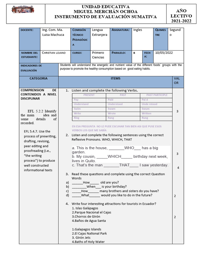 English Evaluation for First-Year Science Students | PDF