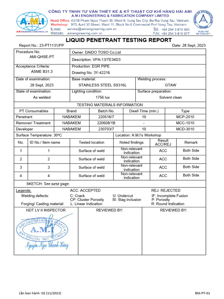 Liquid Penetrant Testing Report: See Next Page | PDF | Construction ...