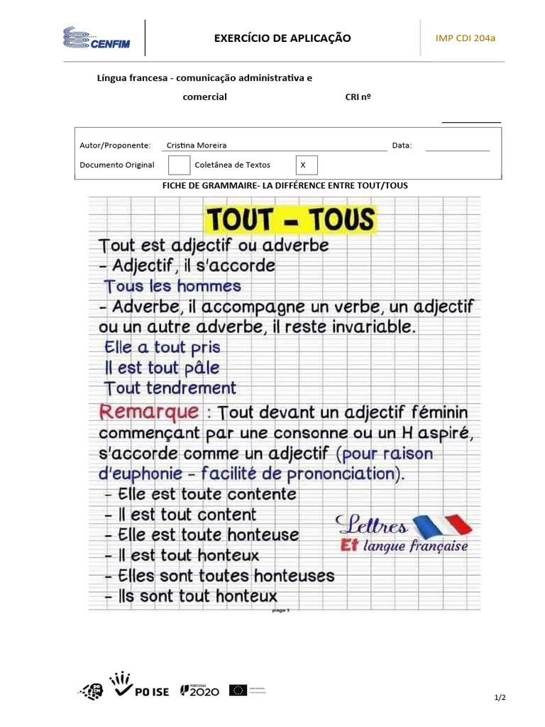 1 - Fiche de Grammre - La Différence Entre Tout - Tous | PDF