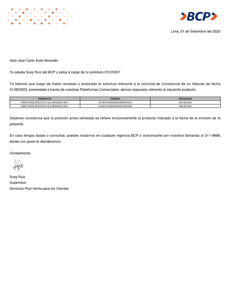 Constancia de No Adeudo BCP | PDF