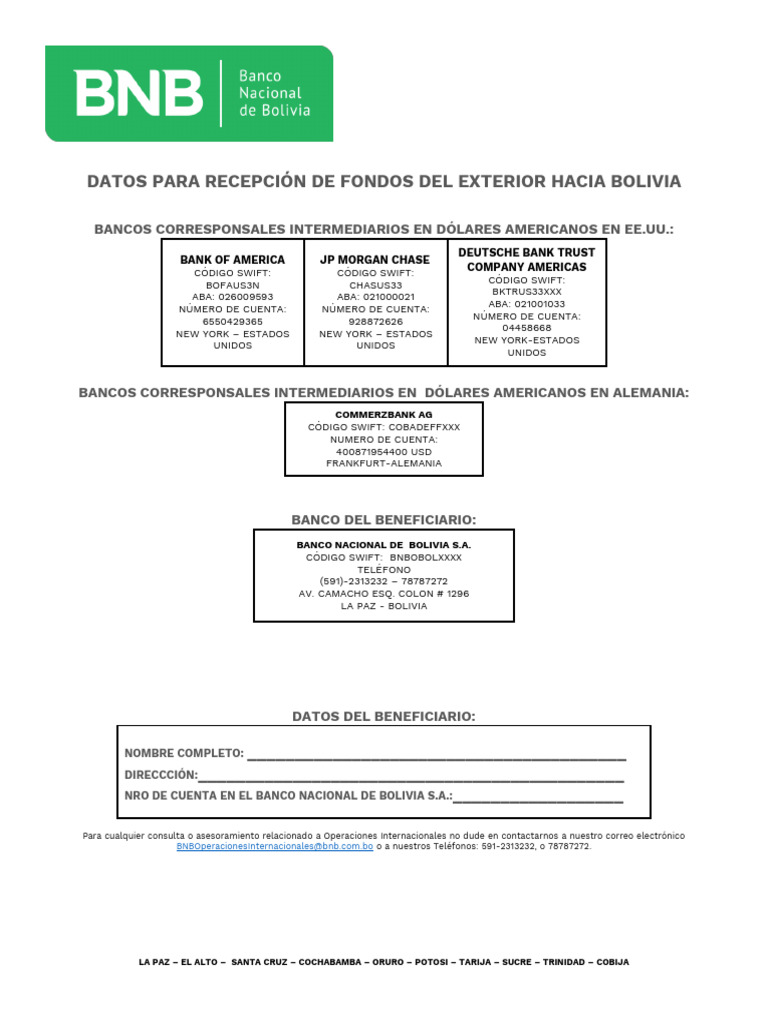 Bancos Corresponsales BNB Usd | PDF