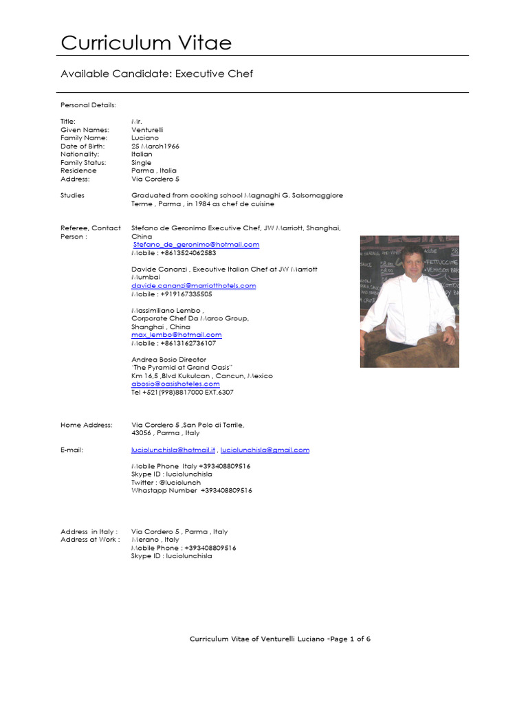 Curriculum Vitae Executive Chef - Venturelli Luciano 2020 | PDF
