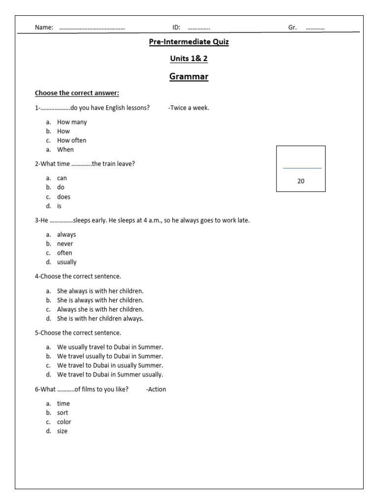Pre-Intermediate Quiz: Units 1 & 2 | PDF