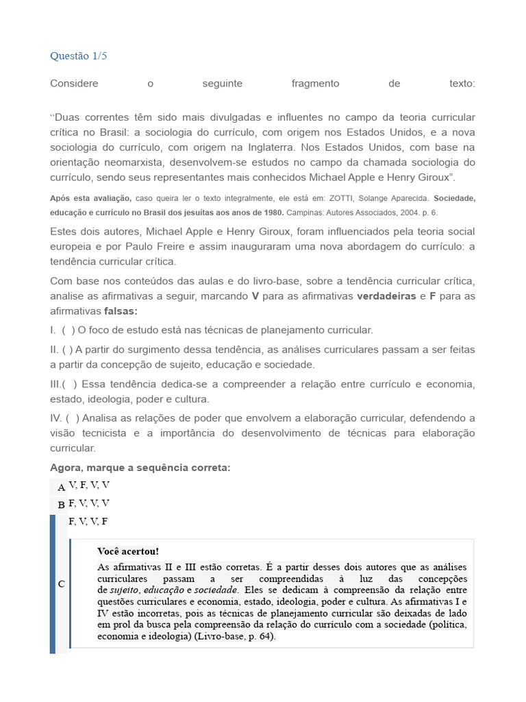 Gabarito Apol 3 (5 Questões) Didática e Currículo Escolar | PDF | Pedagogia | Sociologia