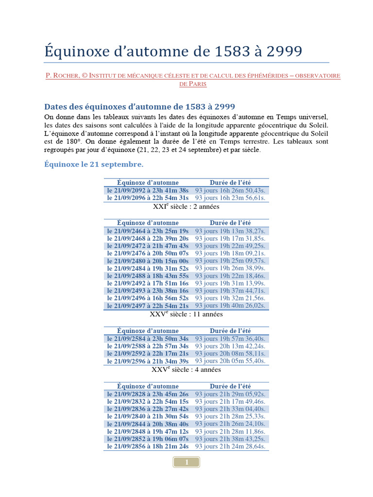 Dates de l'équinoxe d'automne 1583-2999 | PDF