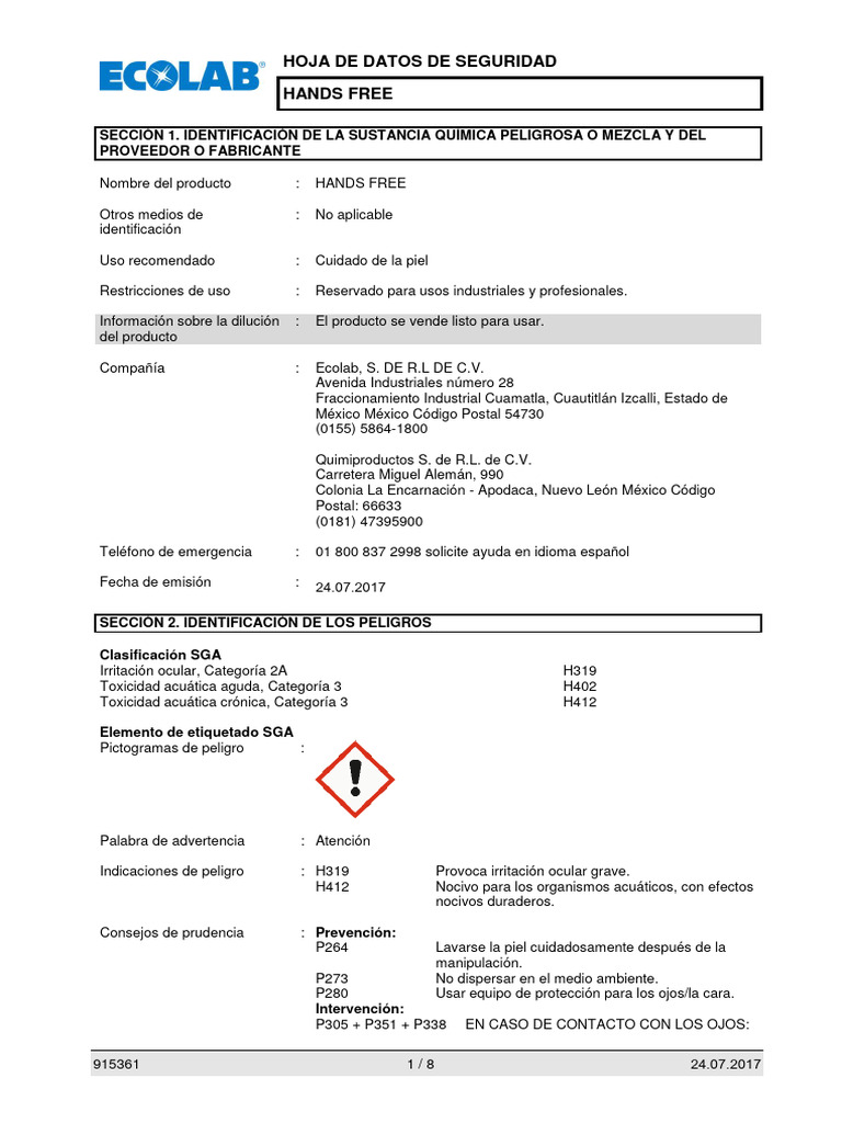 Hoja de Seguridad - Jabón Líquido para Manos | PDF