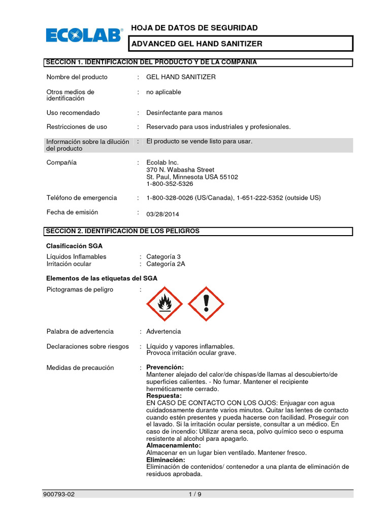 Hoja de Seguridad - Gel Antibacterial | PDF