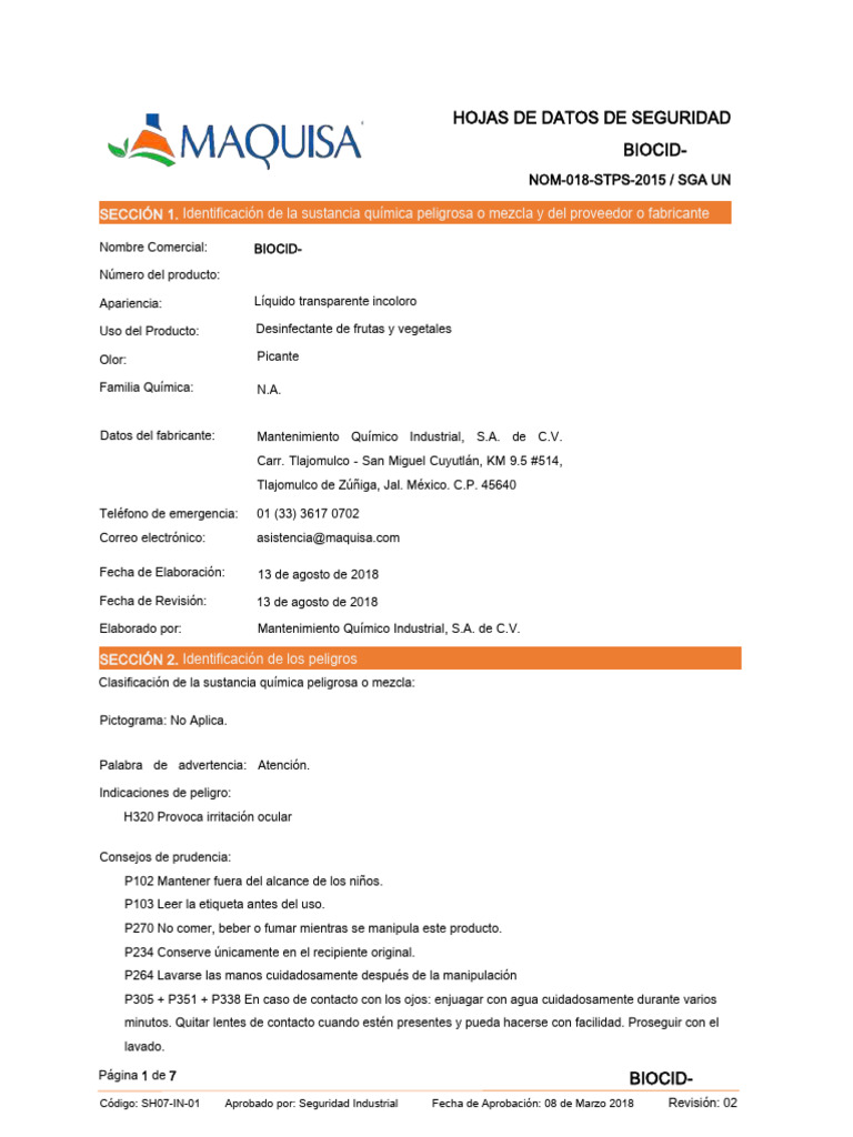 Hoja de Seguridad - Biocid Quat | PDF