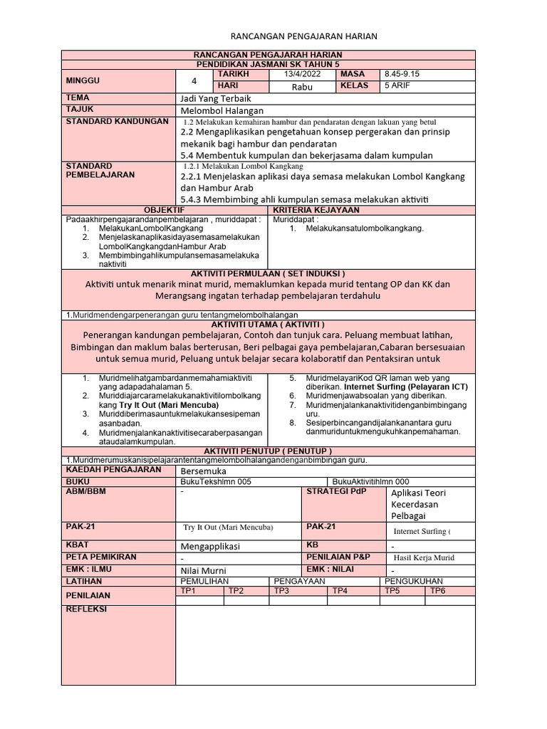 RPH Minggu 4 PJ THN 5 by Cikgu Gorgeous | PDF