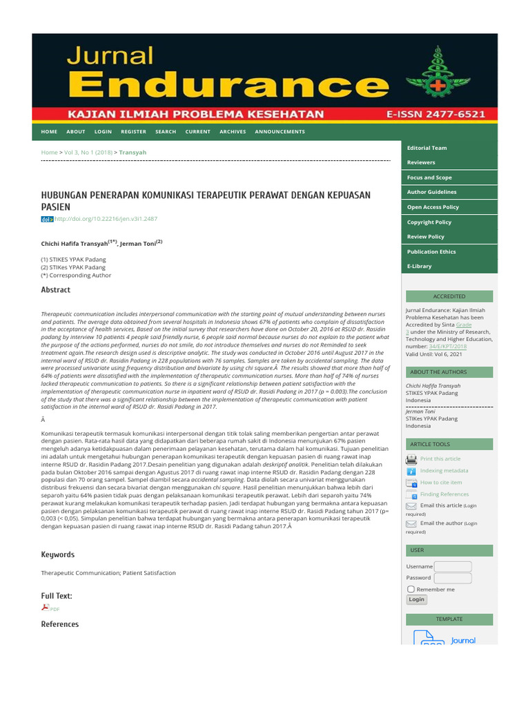 Hubungan Penerapan Komunikasi Terapeutik Perawat Dengan Kepuasan Pasien - Transyah - Jurnal ...