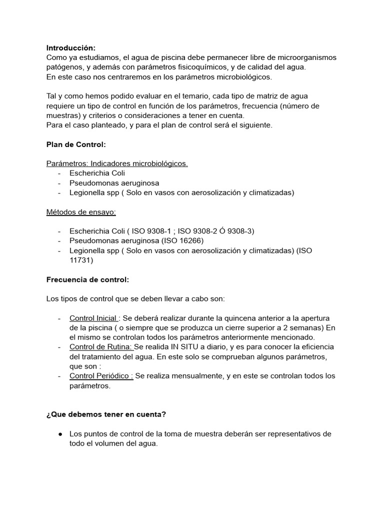 Plan de Control - Piscinas EEE - Magela Rodríguez. | PDF