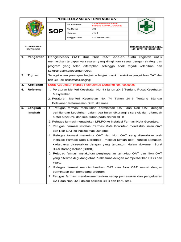 Sop - Pengelolaan Oat Dan Non Oat | PDF