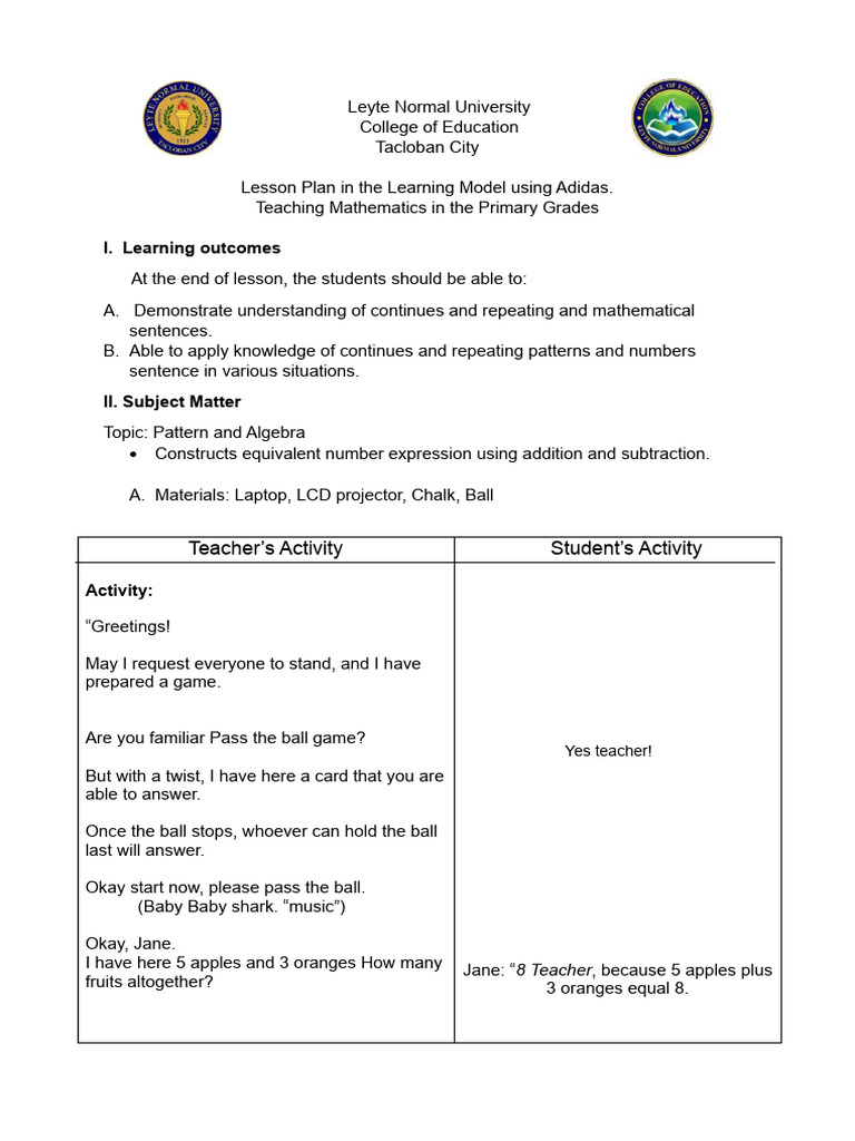 Adidas Lesson Plan in Math | PDF