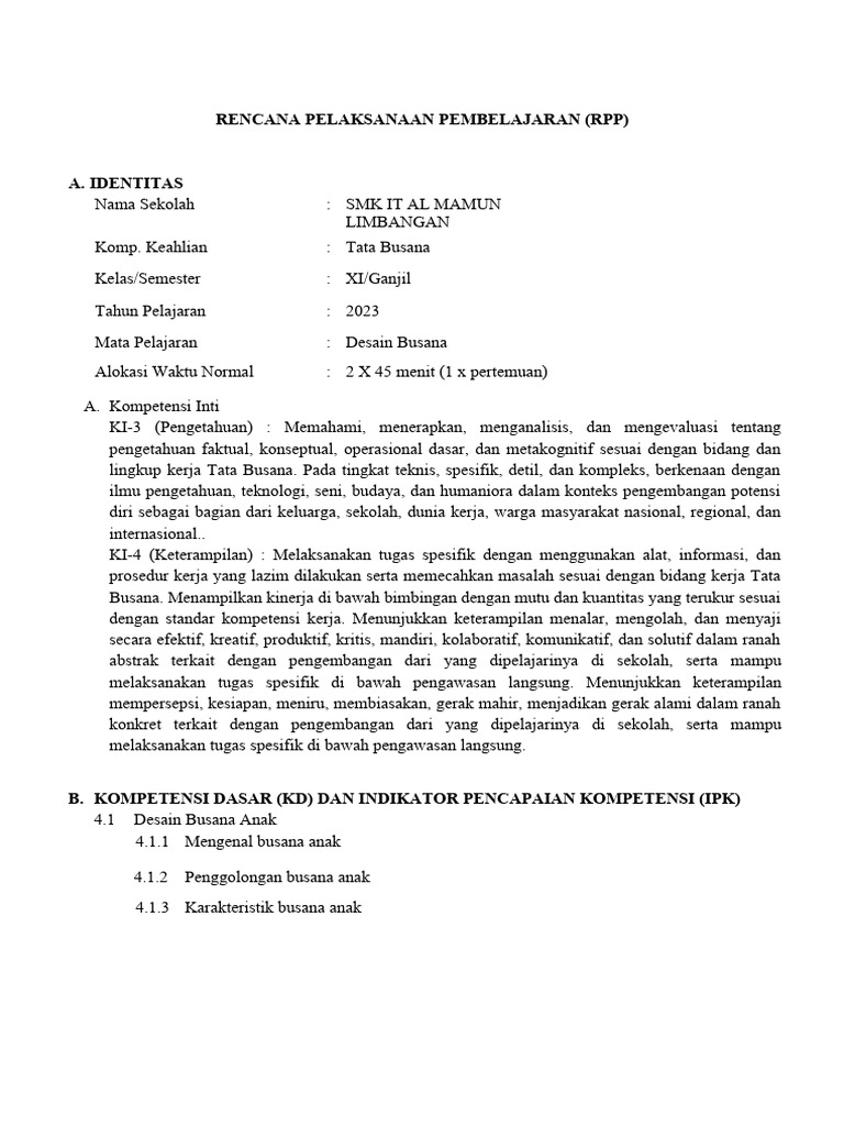 RPP Disain Busana Kelas Xi | PDF
