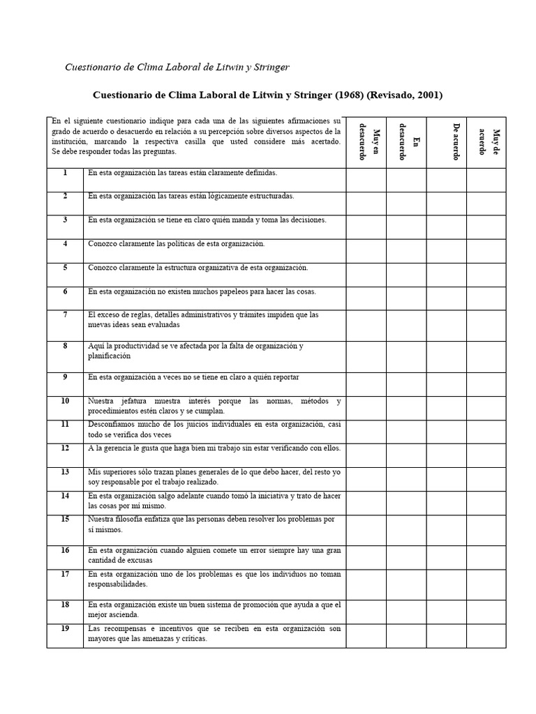 Cuestionario Clima Laboral Litwin-Stringer | PDF