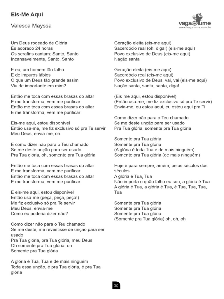 Eis-Me Aqui - Valesca Mayssa - VAGALUME | PDF Eis-Me Aqui - Valesca Mayssa - VAGALUME | PDF