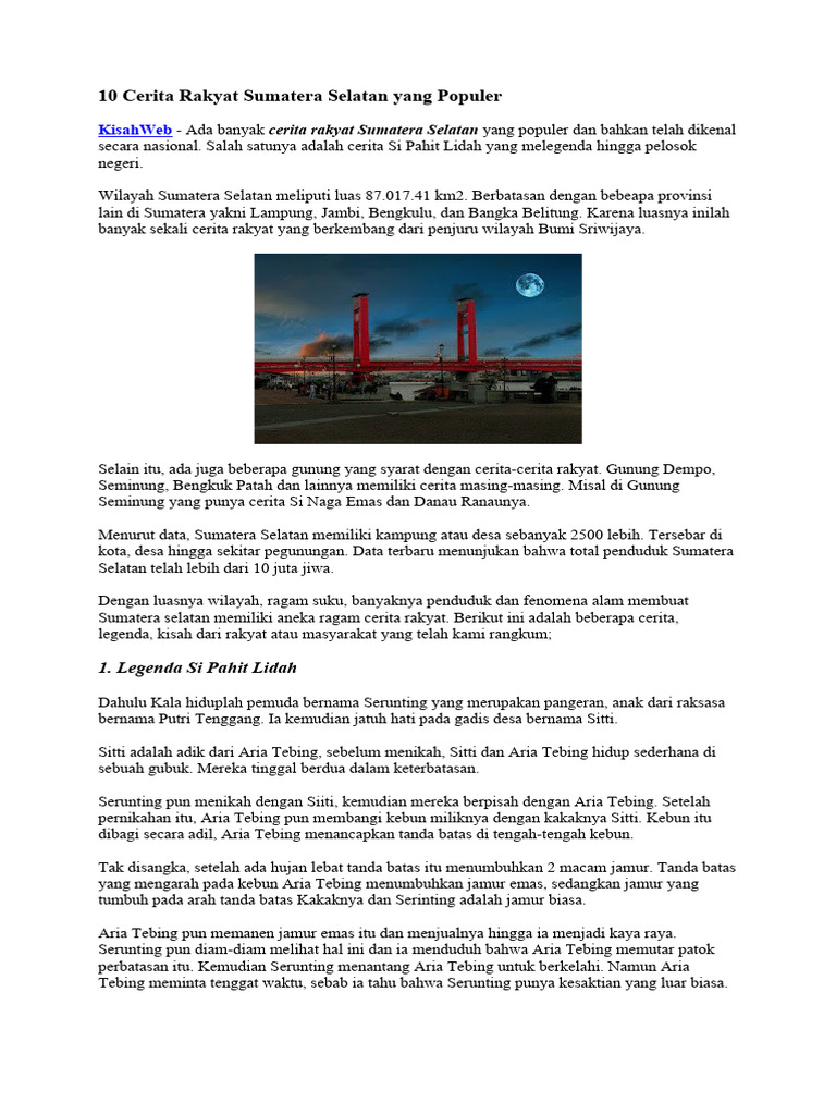 10 Cerita Rakyat Sumatera Selatan Yang Populer | PDF