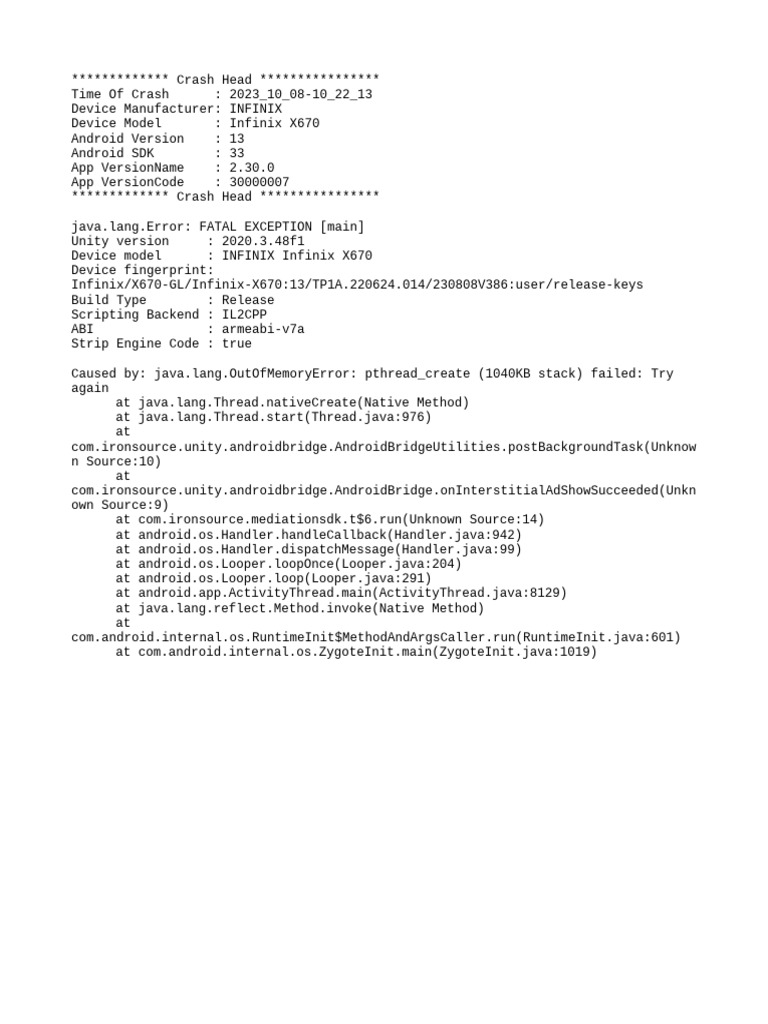 Unity Crash Report: OutOfMemoryError | PDF