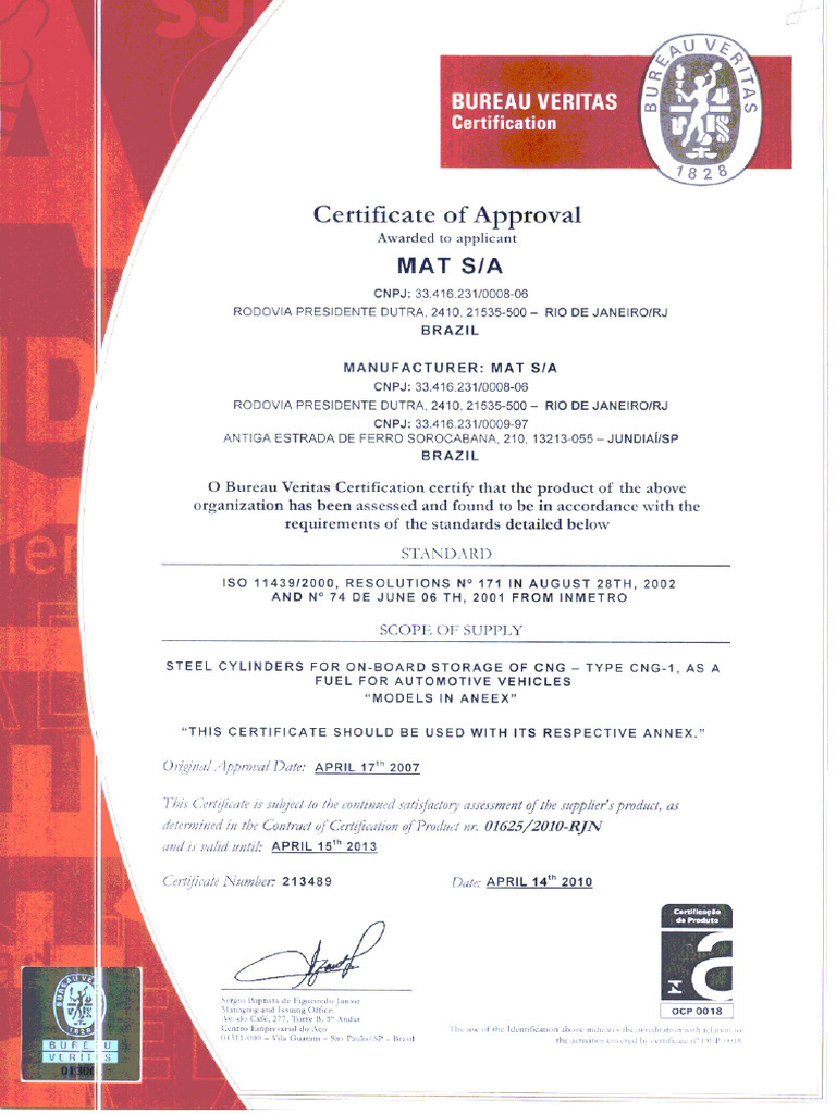 Certificados BUREAU VERITAS Cilindros MAT ISO 11439 - 2013 | PDF