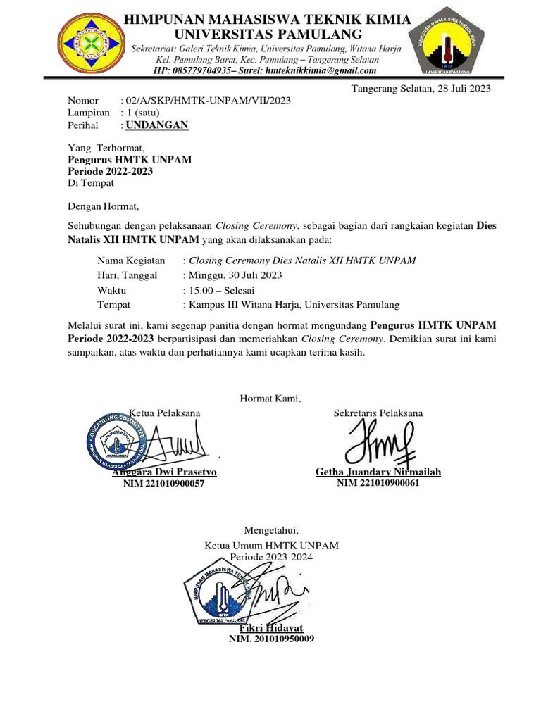Surat Undangan Closing Dies Natalis XII HMTK UNPAM - Pengurus HMTK ...