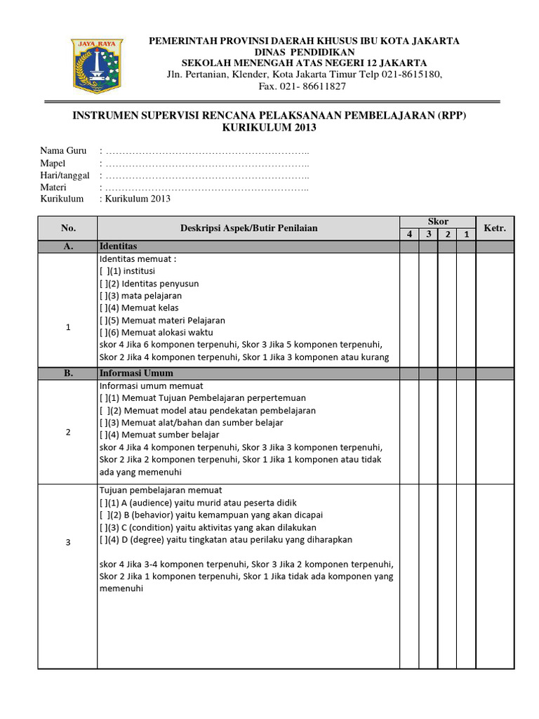 Instrumen Supervisi Rencana Pembelajaran Kurikulum 2013 | PDF