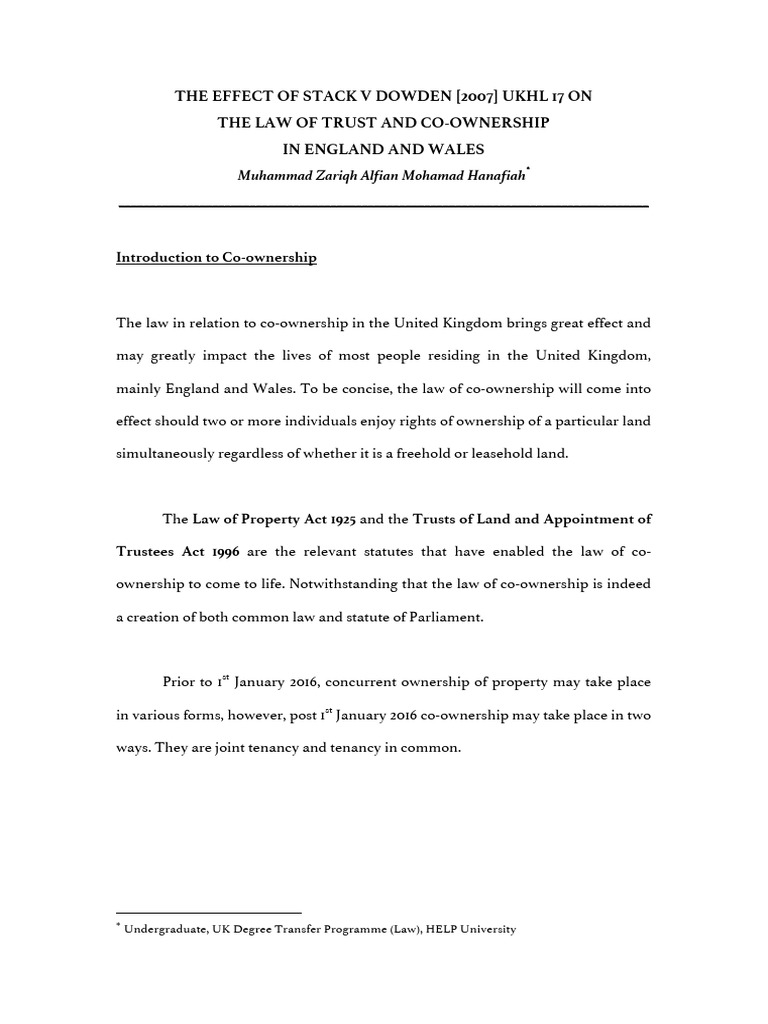 Impact of Stack v Dowden on UK Co-ownership Law | PDF | Concurrent ...