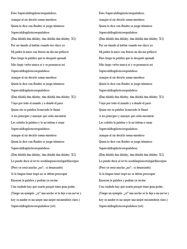 Eees Supercalifragilisticoespialidoso Letra | PDF